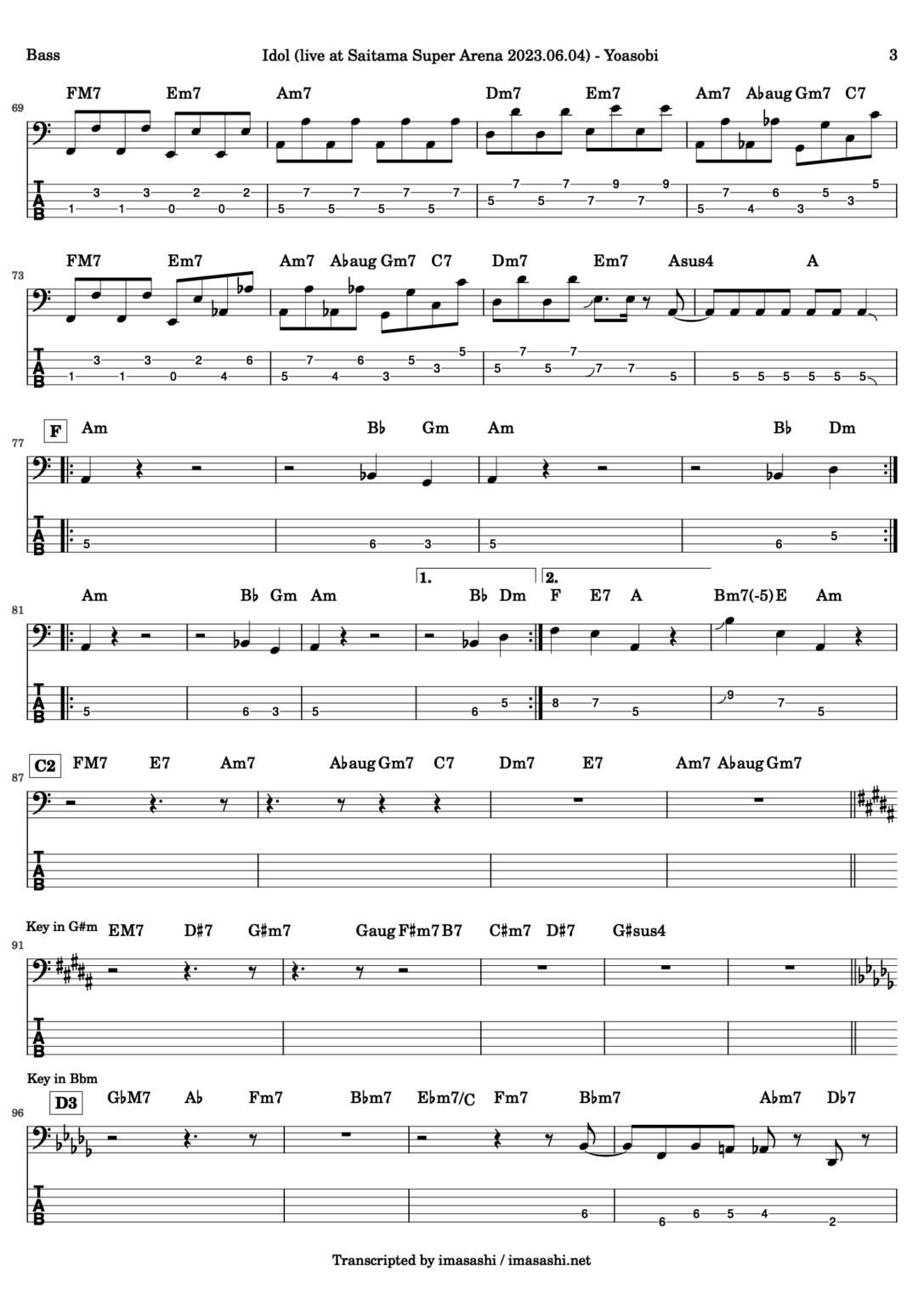 Yoasobi アイドル(Idol) の Bass Tabs and Chords ベースタブ譜とコード進行 | imasashi.net